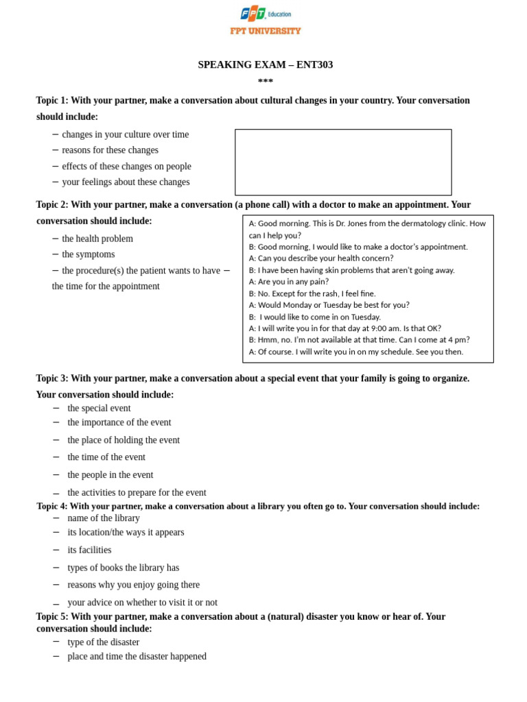 Ent303 - Fa24 - h1 - Fe - Speaking Topics - SV | PDF | Medical ...
