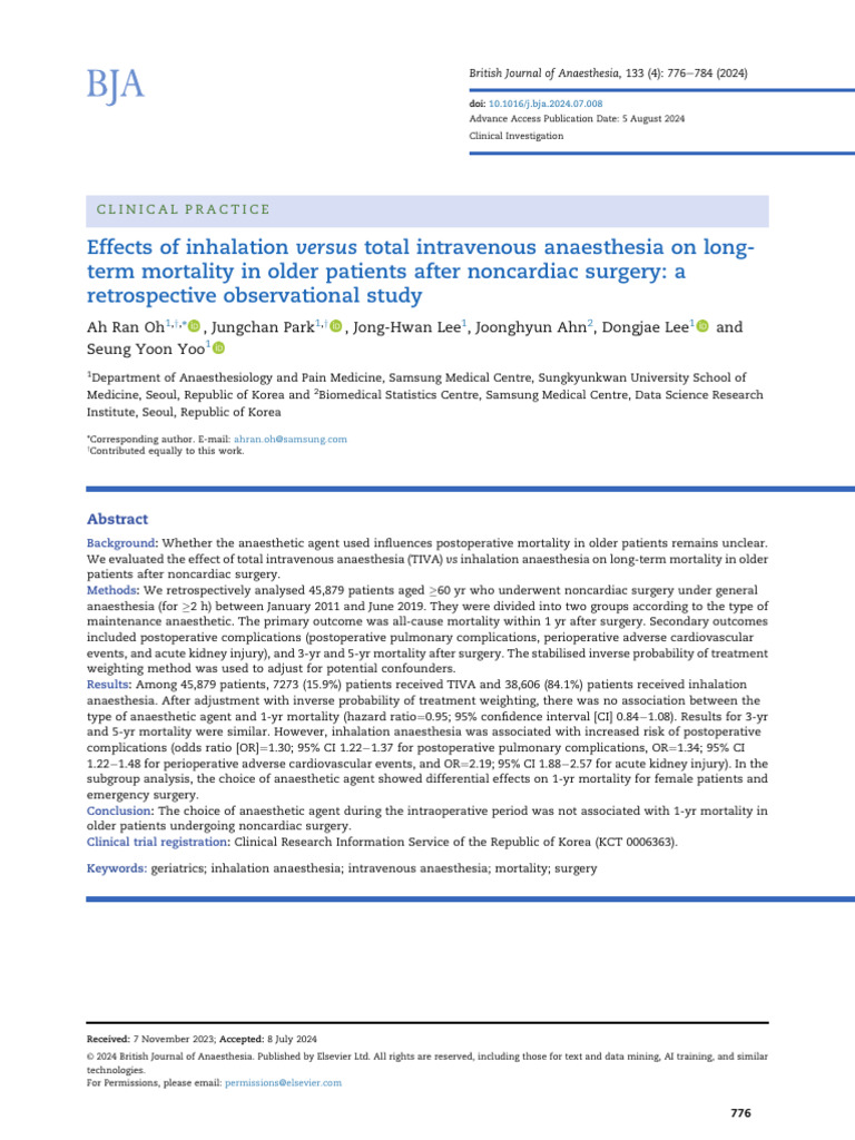 Effects of Inhalation Versus Total Intravenous Anaesthesia On Long | PDF | Anesthesia | Surgery