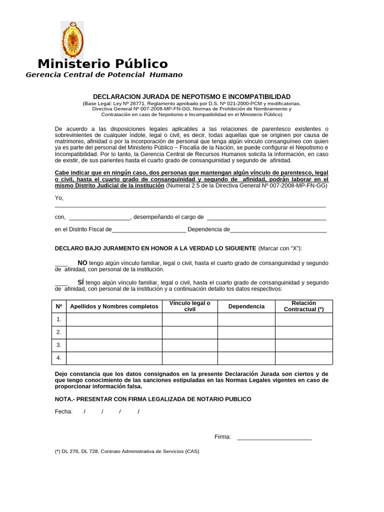 Declaración Jurada de Nepotismo MP | PDF | Parentesco | Instituciones ...