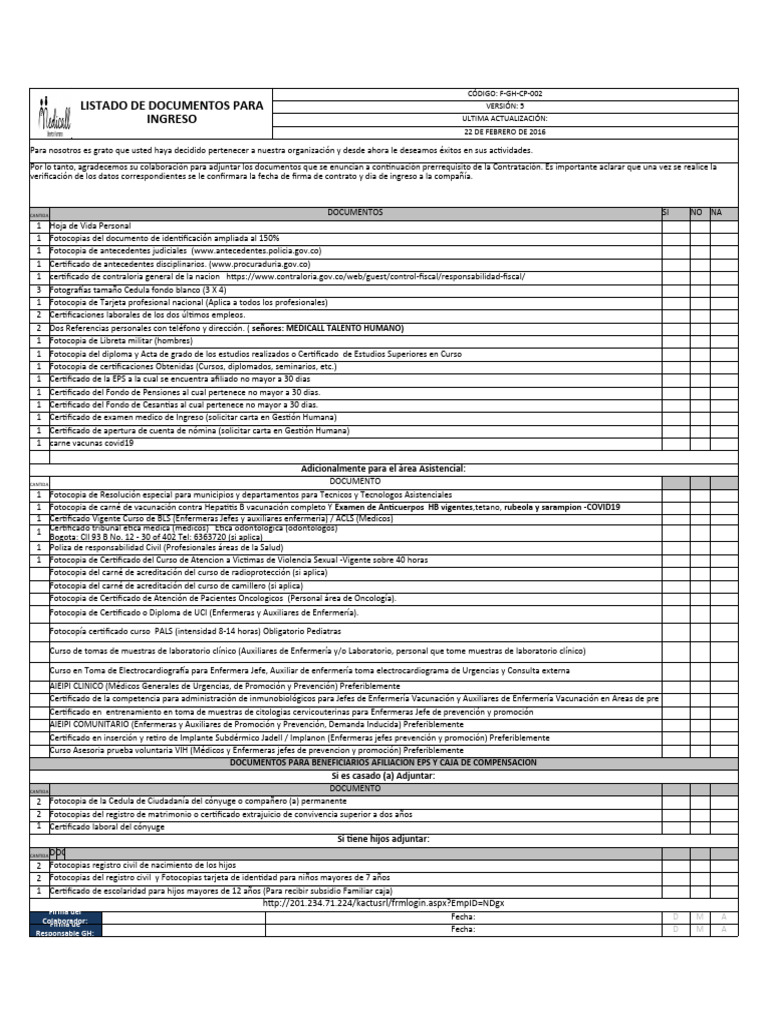 F-GH-CP-002 V5 Listado de Documentos para Ingreso | PDF | Enfermería | Documento de identidad