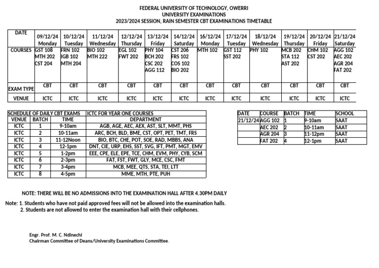 MODIFIED 2023-2024 Rain Semester CBT Exam Timetable | PDF