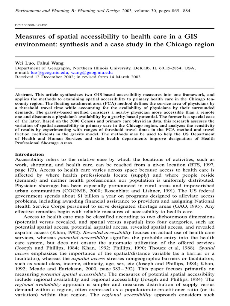 Measures of Spatial Accessibility To Health Care in A GIS Environment Synthesis and A Case Study ...
