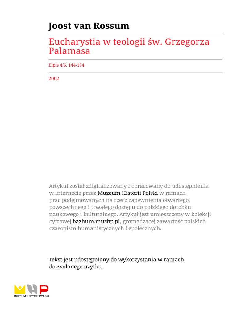 Art. ROSSUM, Joost Van - Eucharystia W Teologii Grzegorza Palamasa | PDF