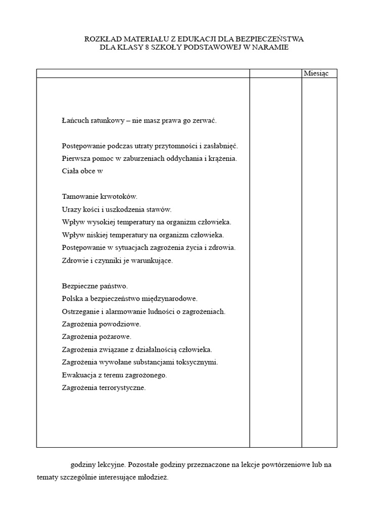 Rozklad Materialu Z Edukacji Dla Bezpieczenstwa | PDF