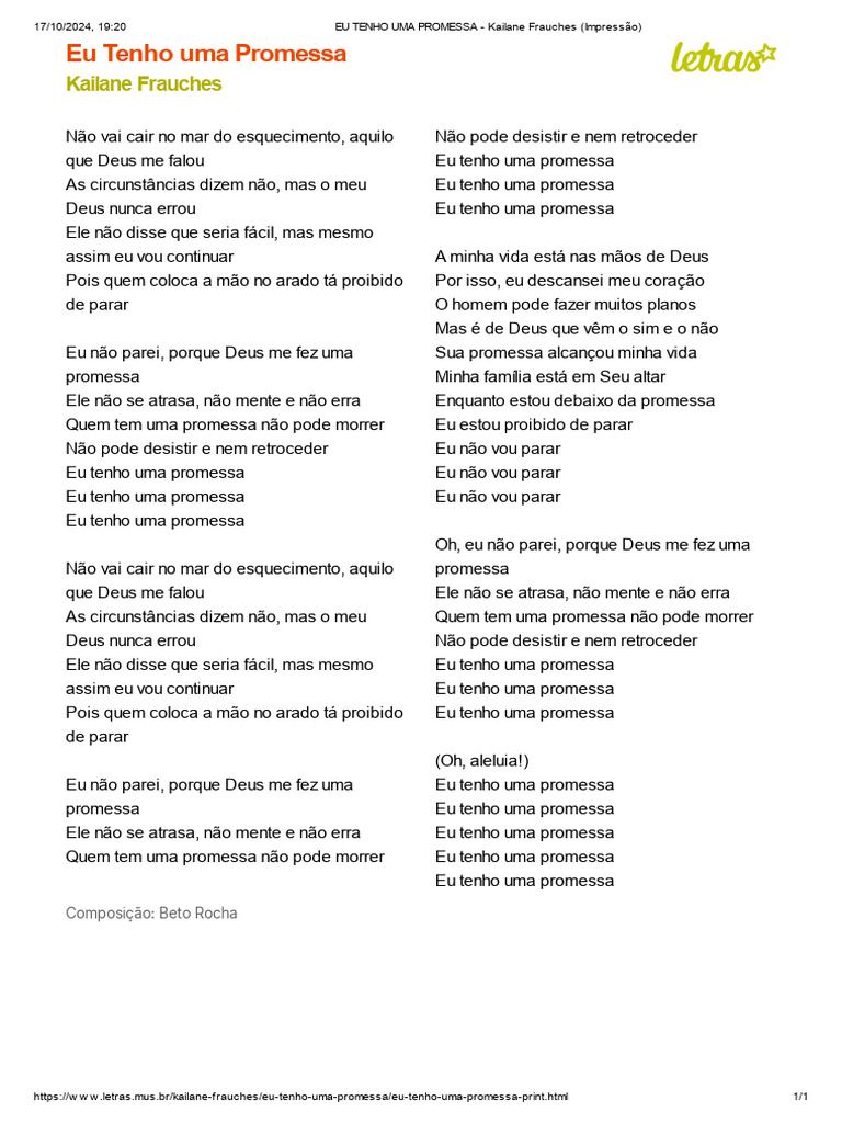 EU TENHO UMA PROMESSA - Kailane Frauches (Impressão) | PDF