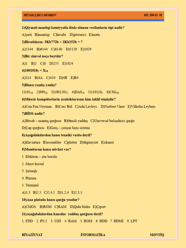 Informatika Bloka Duse Bilecel Suallar Dim 2024 PDF | PDF