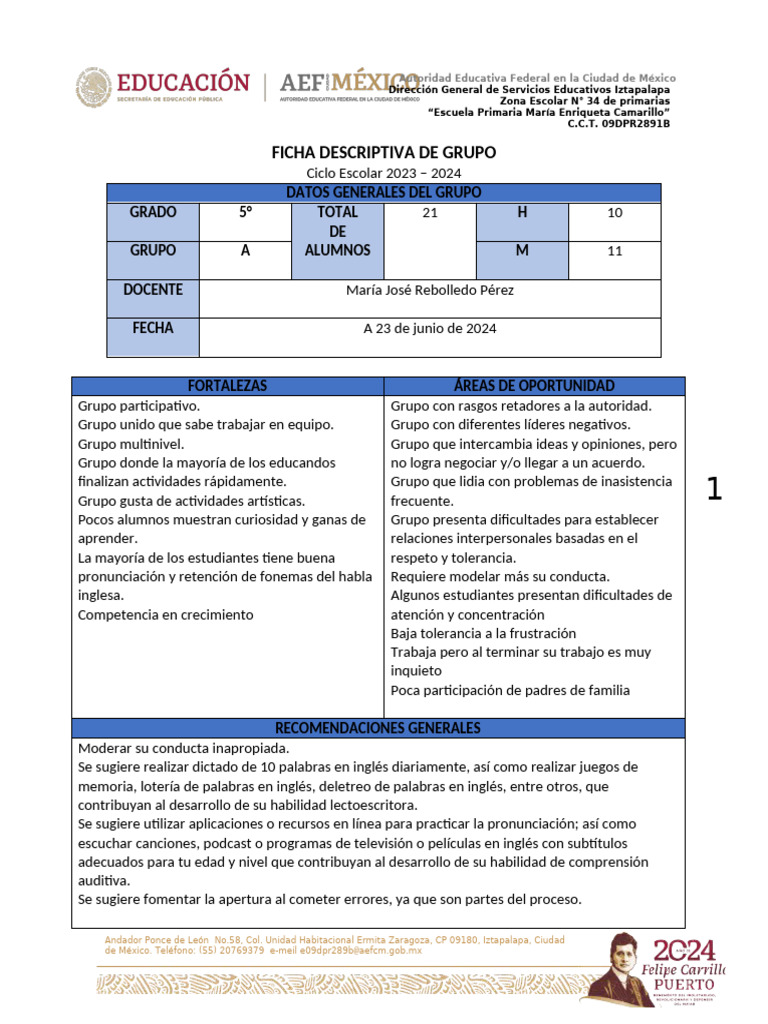 Ficha Descriptiva Grupal | PDF | México | Educación primaria