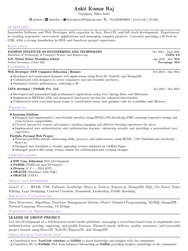 An Kit Raj Resume Final | PDF | Java Script | Information Technology