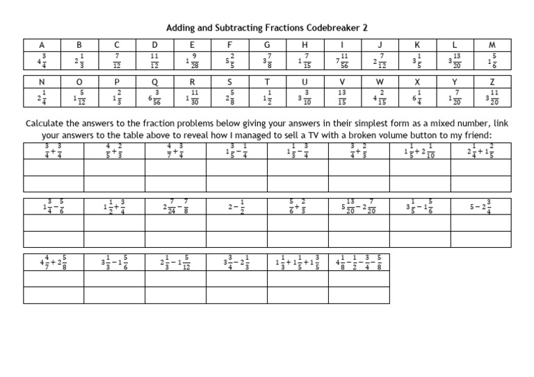 Adding And Subtracting Fractions Codebreaker 2 Pdf Numbers Mathematical Notation