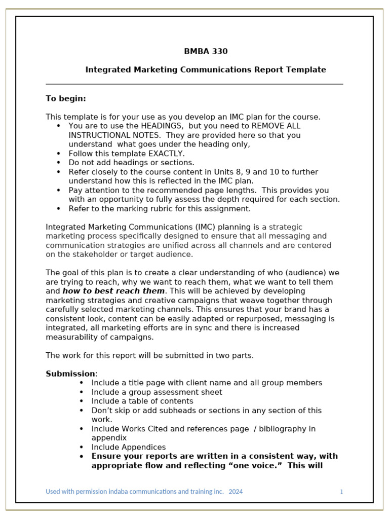 BMBA 330 IMC Project Template Overview April 2024 | PDF | Marketing Communications | Marketing