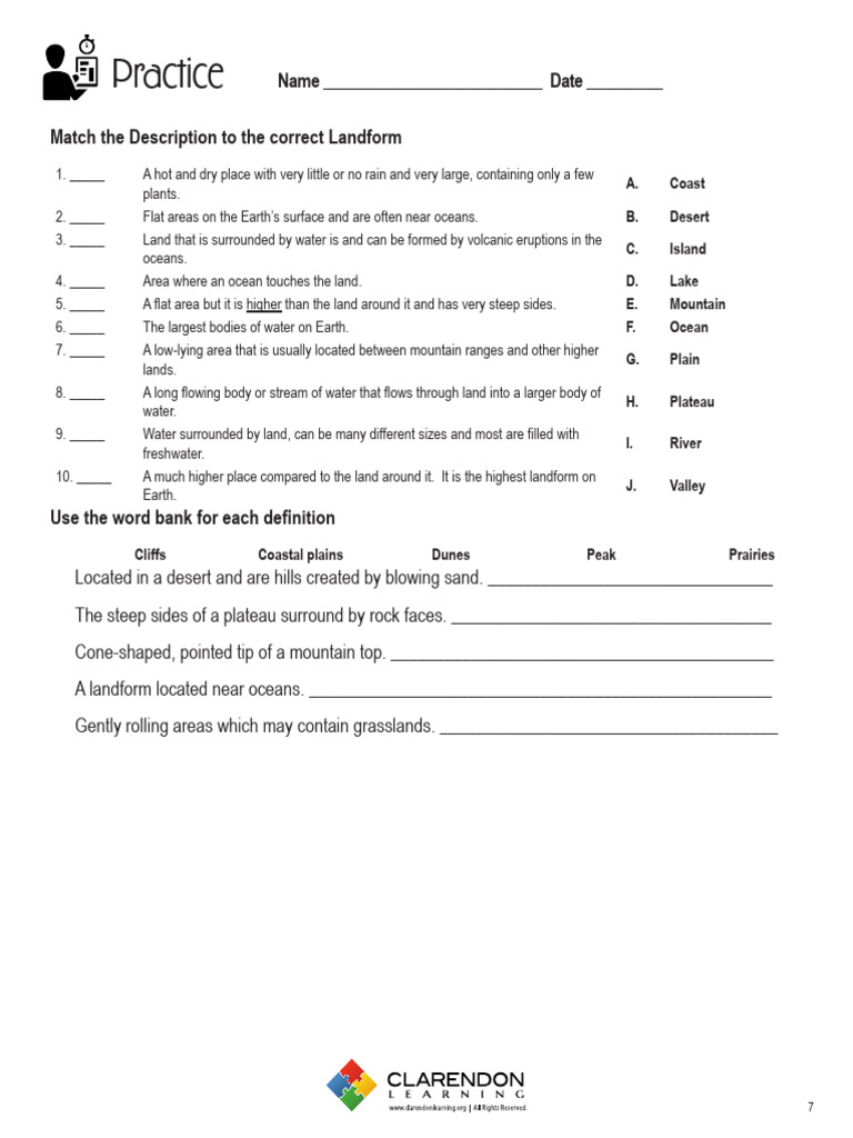 Landform Matching Activity Worksheet | PDF | Desert | Oceans
