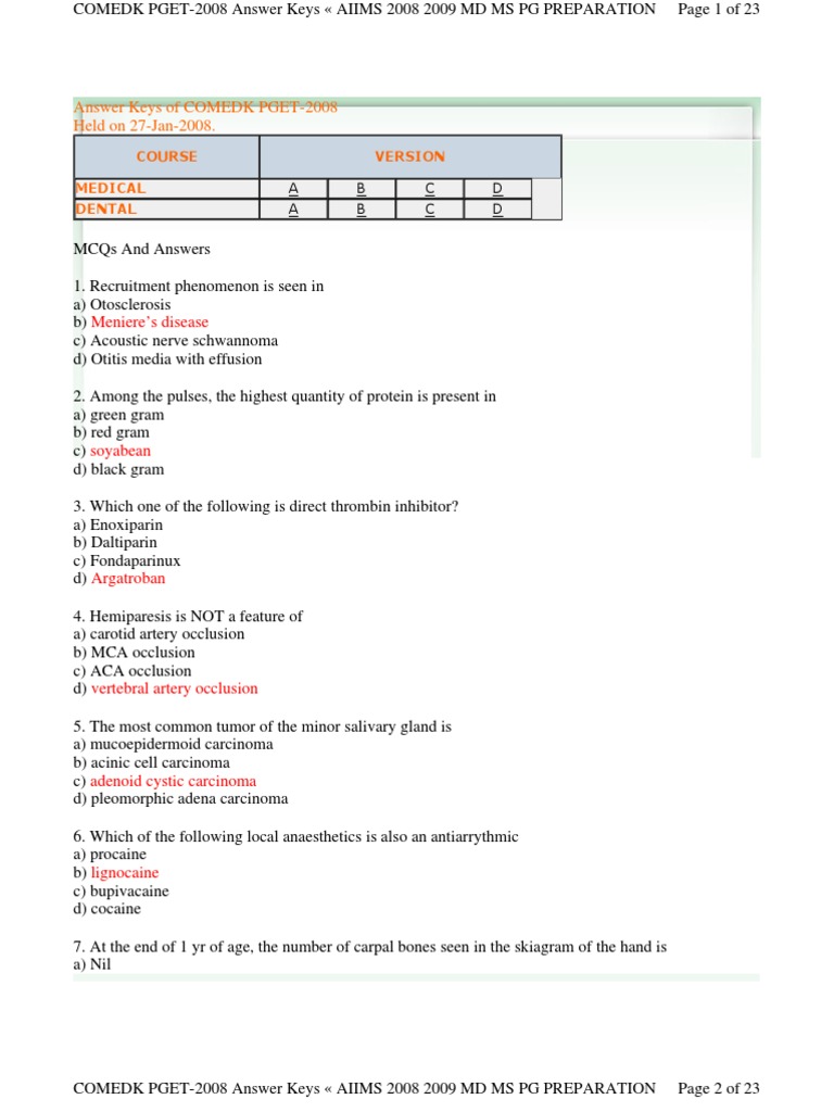 COMEDK PGET-2008 Answer Keys | PDF | Epithelium | Peripheral Neuropathy
