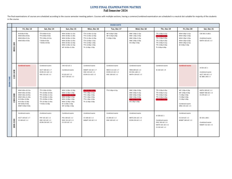 Fall Semester 2024 - Final Examination Matrix | PDF | Tests ...