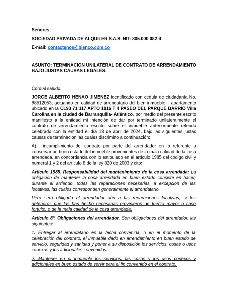 Terminacion Unilateral de Contrato de Arrendamiento | PDF | Ley común