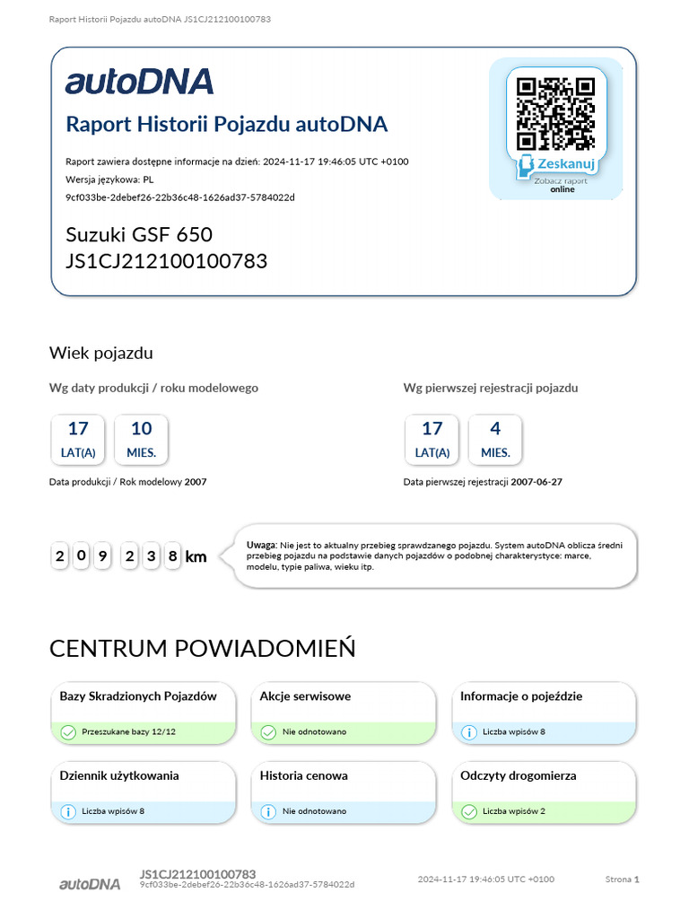Raport autoDNA JS1CJ212100100783 | PDF
