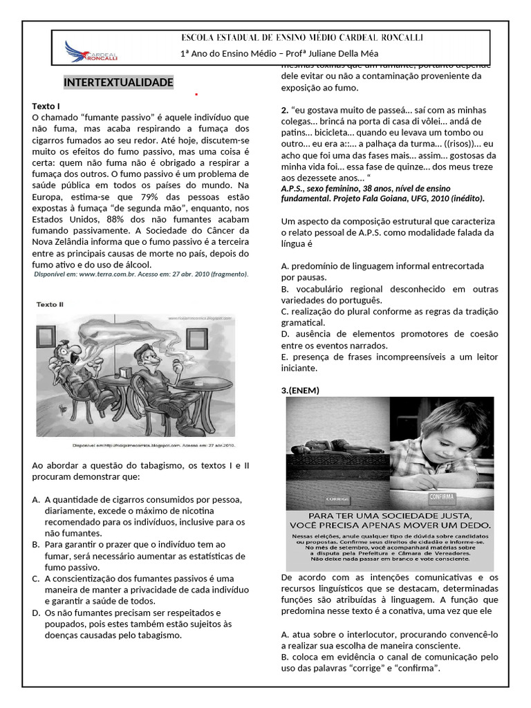 ATIVIDADES DE LÍNGUA PORTUGUESA - Intertextualidade | PDF | Tabagismo | Vício