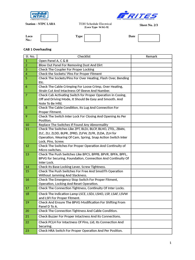 WAG-9 Loco Electrical Overhauling Checklist | PDF | Electrical ...