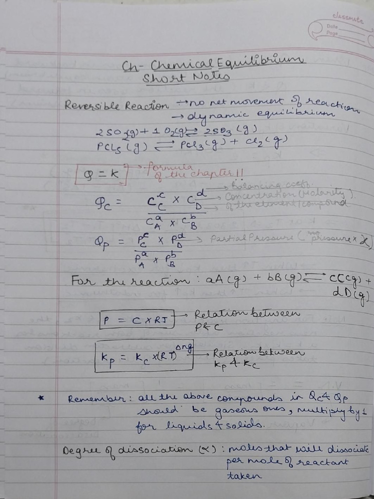 Chemical Equilibrium Short Notes | PDF