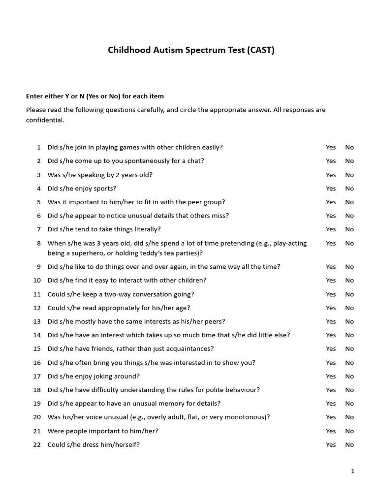 Childhood Autism Spectrum Test (CAST) | PDF | Attention Deficit ...