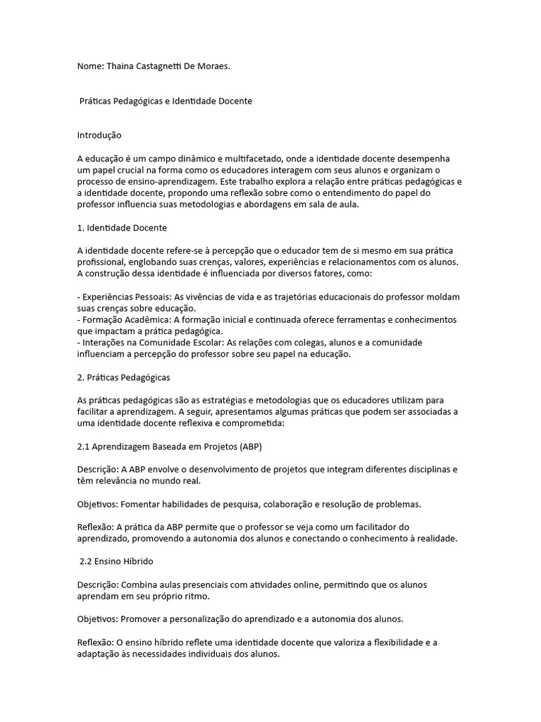 Identidade Docente E Práticas Pedagógicas Pdf Pedagogia Aprendizado