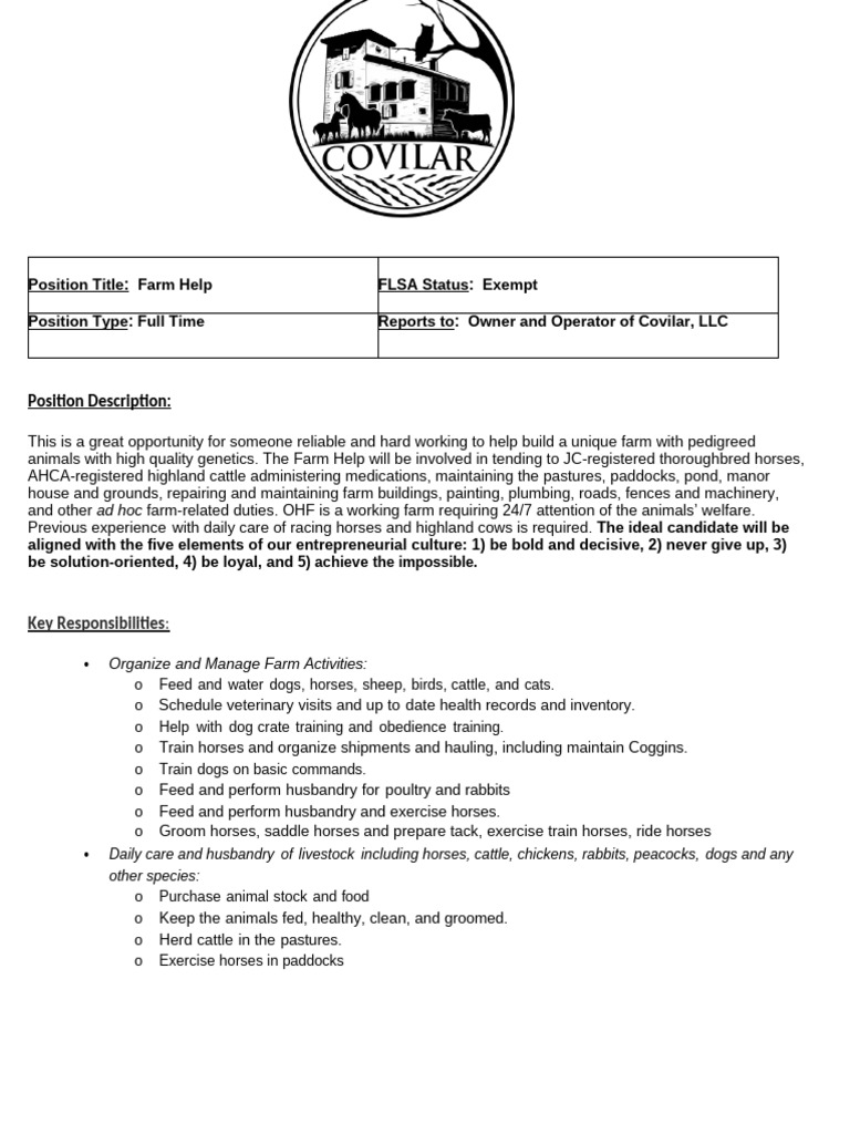Job Description - Farm Assistant | PDF | Horses | Cattle