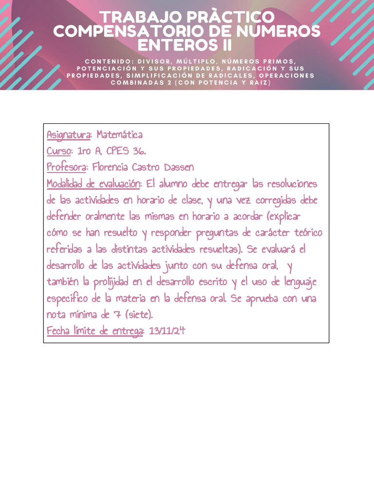 Evaluación de Matemáticas 1ro A: Divisores y Potencias | PDF ...