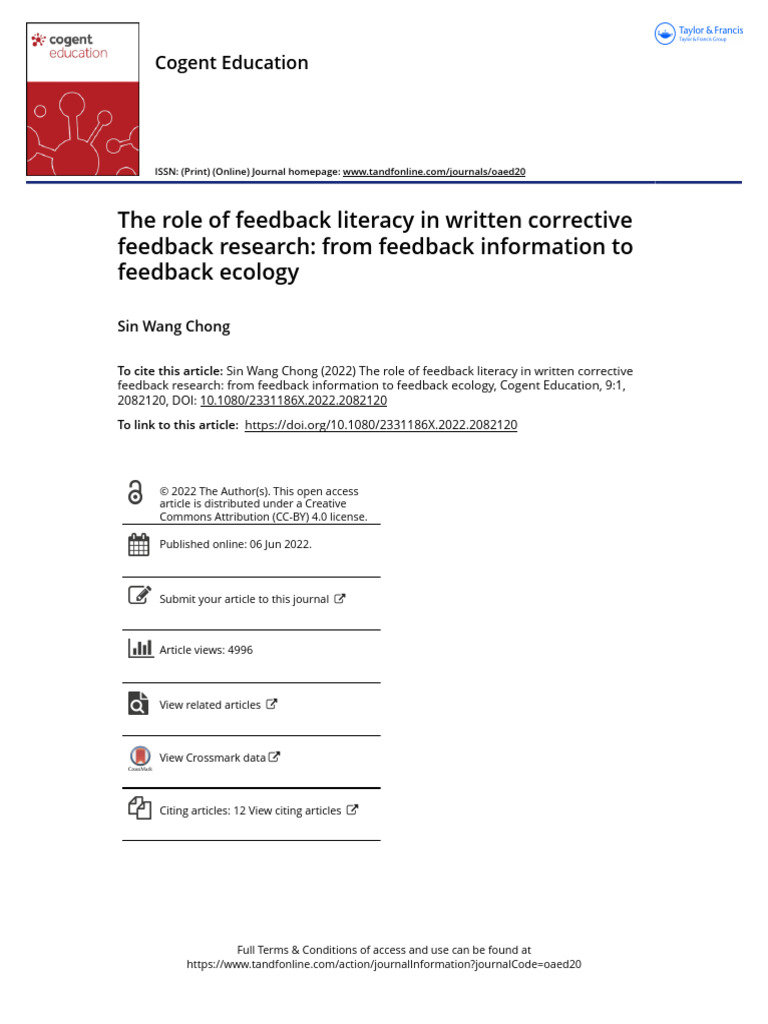 The Role of Feedback Literacy in Written Corrective Feedback Research ...