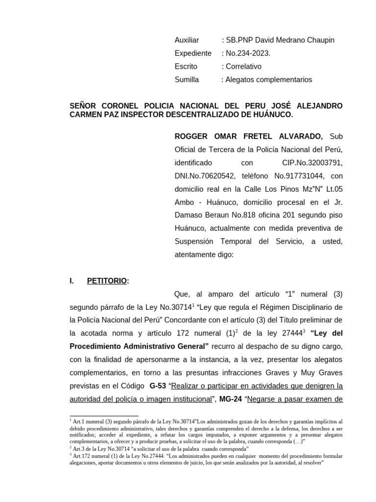 Alegatos Complementarios S3.PNP Rogger Fretel Alvarado | PDF | Policía | Derecho Constitucional