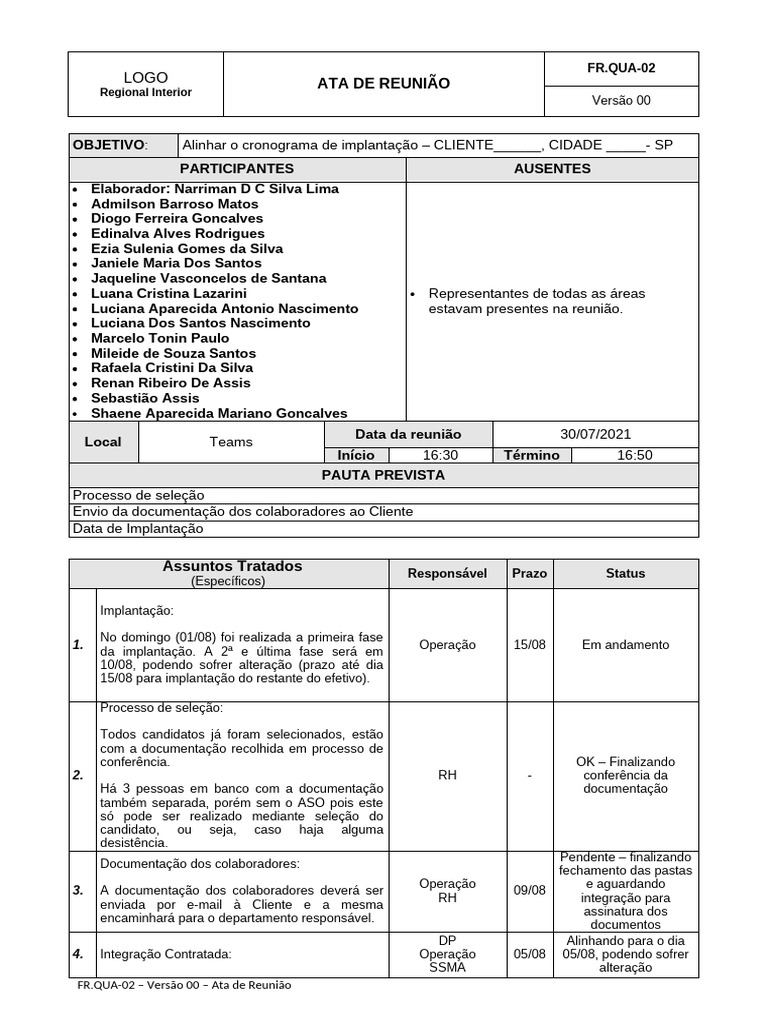 Ata da Reunião de Implantação | PDF