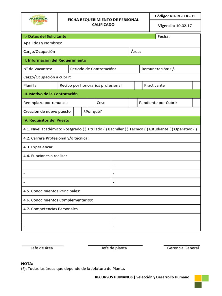 RH-RE-006-01 Formato de Requerimiento de Personal Calificado (Nuevo) | PDF