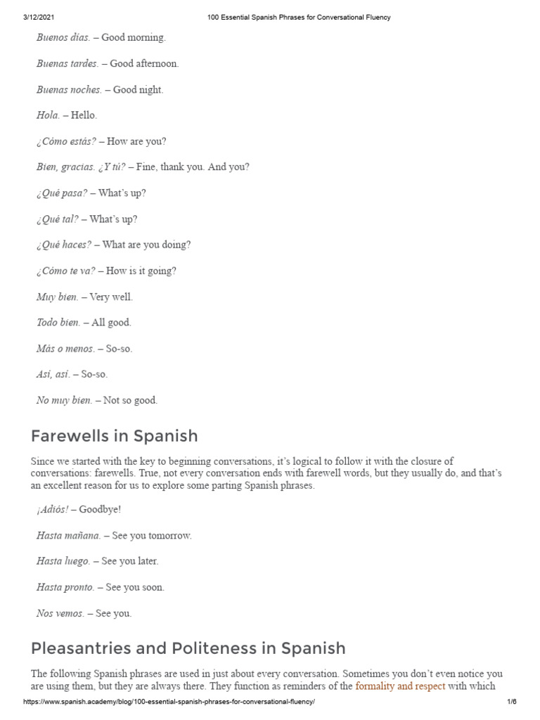 100 Essential Spanish Phrases For Conversational Fluency | PDF