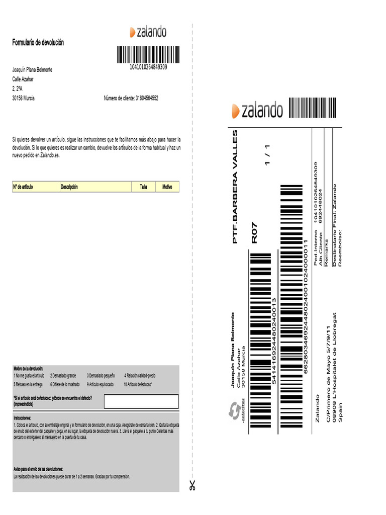 Devolución de Zalando | PDF
