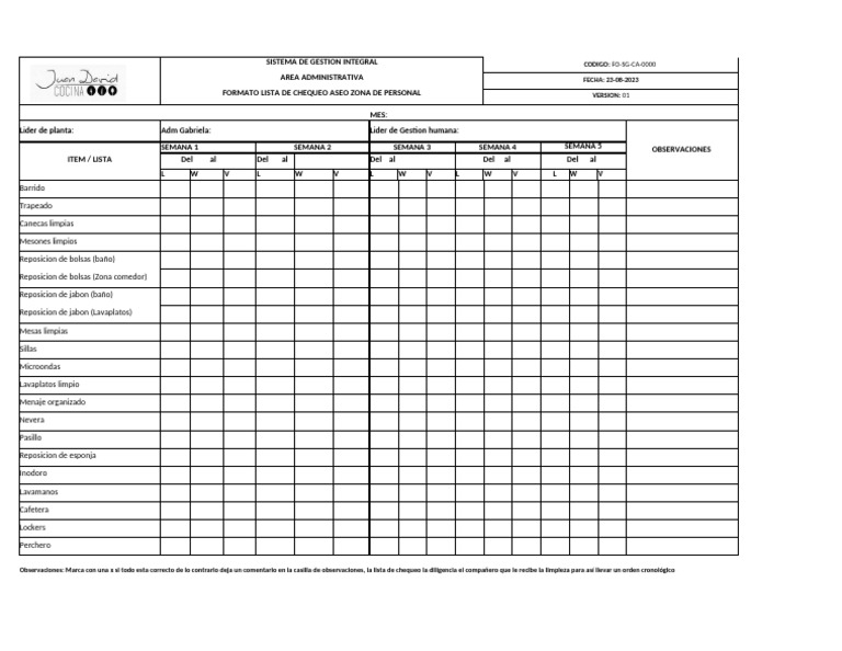 Formato Listas de Chequeo Zona Personal | PDF