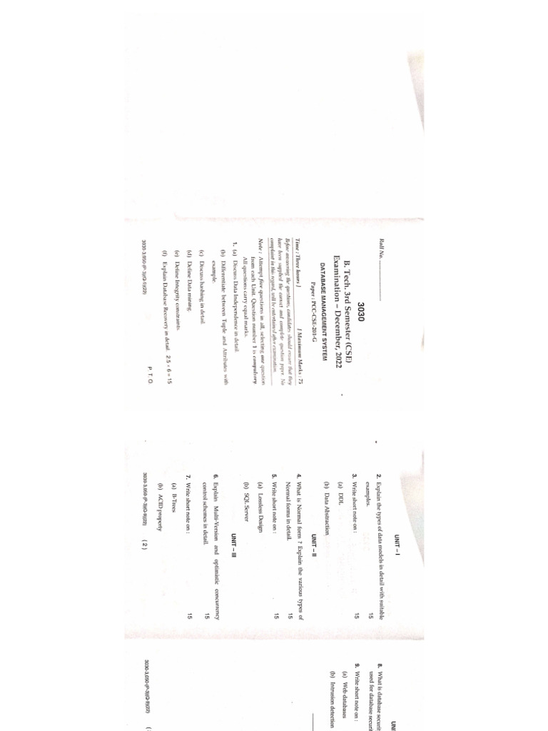 2022 Dec B Tech 3RD Sam Cse Database Management System | PDF