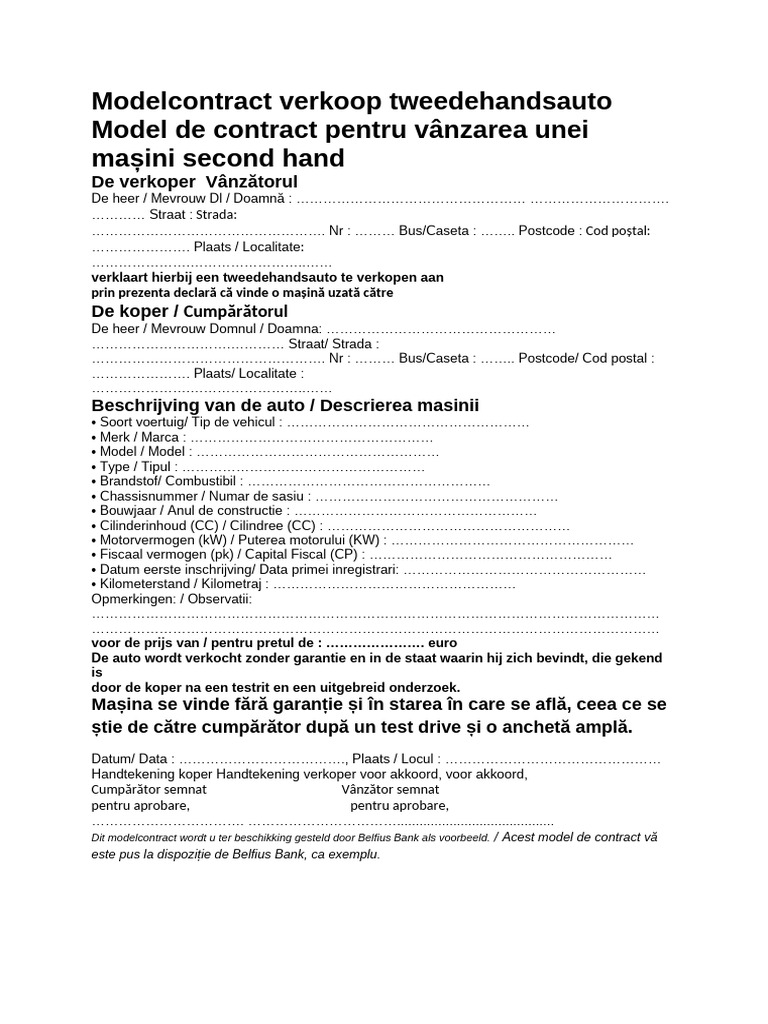 Modelcontract Verkoop Tweedehandsauto Belgia | PDF