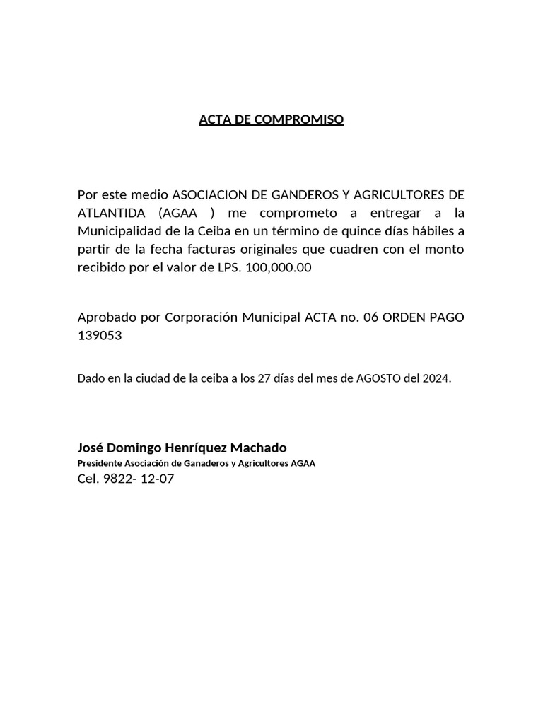 Acta de Compromiso Asociacion de Ganaderos y Agricultores Agaa | PDF
