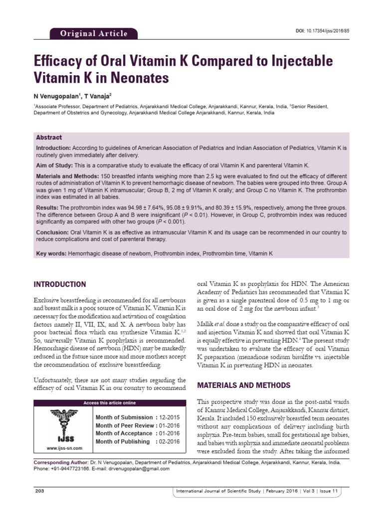 Oral vs Injectable Vitamin K in Neonates | PDF | Infants | Medical ...