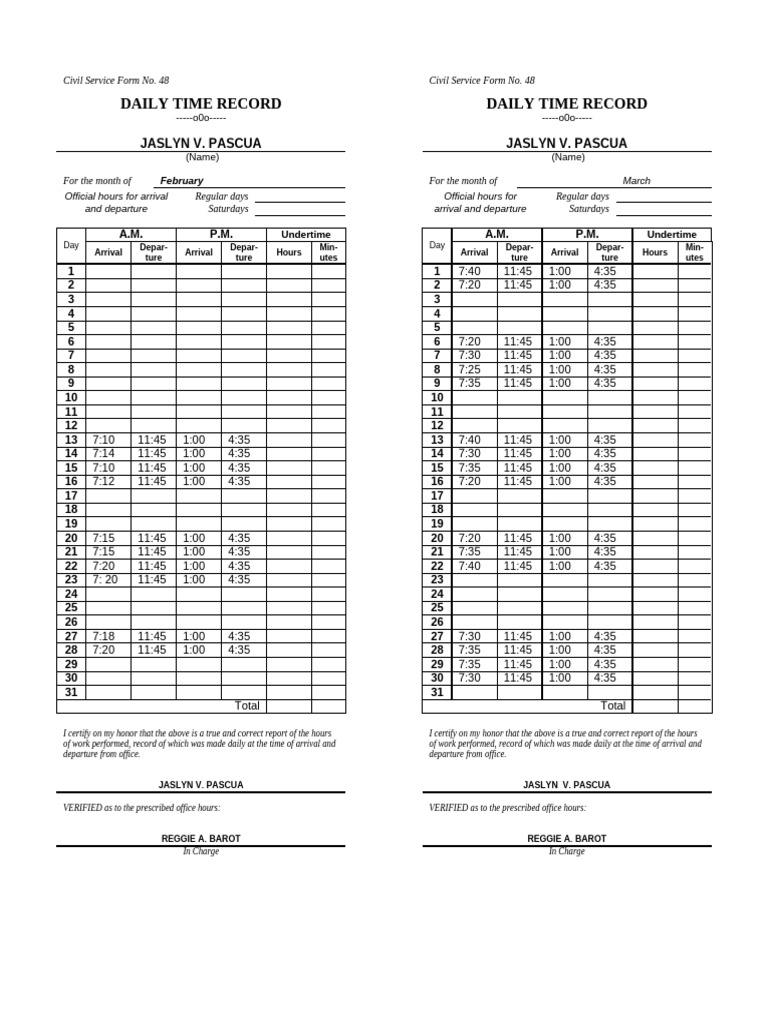 Civil Service Daily Time Record Form | PDF