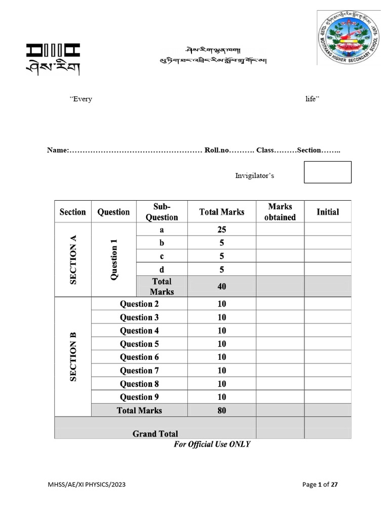Class XI Physics Annual Exam 2023 | PDF | Force | Acceleration