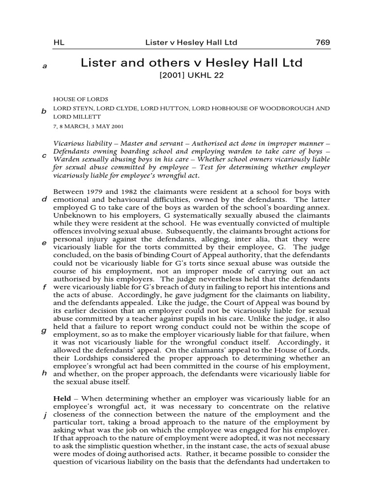 Lister and Others V Hesley Hall LTD (2001) 2 All ER 769 | PDF | Legal ...