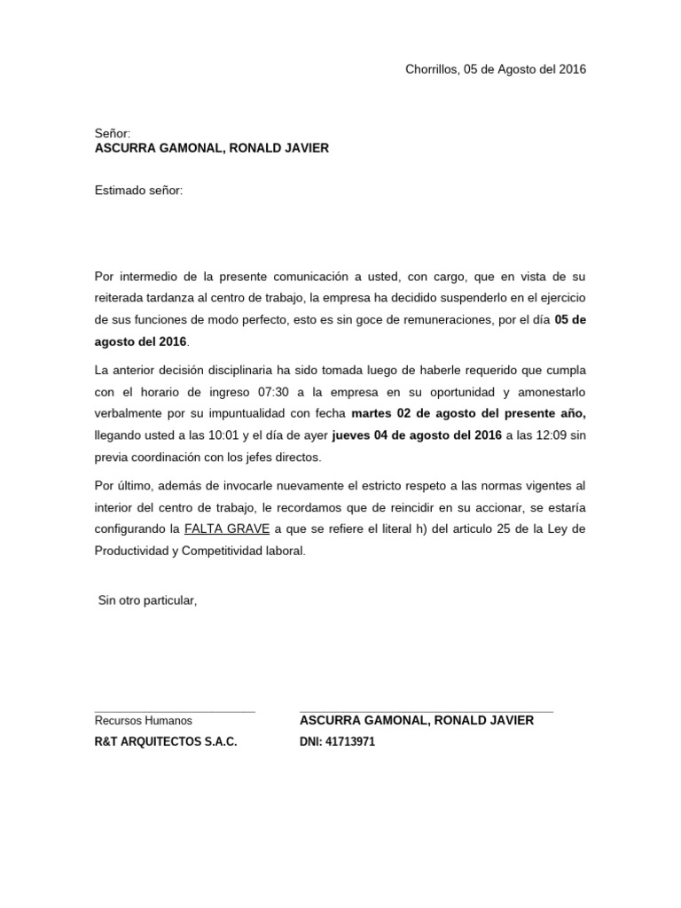 Tardanza - 2. - Suspención Ascurra Gamonal, Ronald Javier | PDF