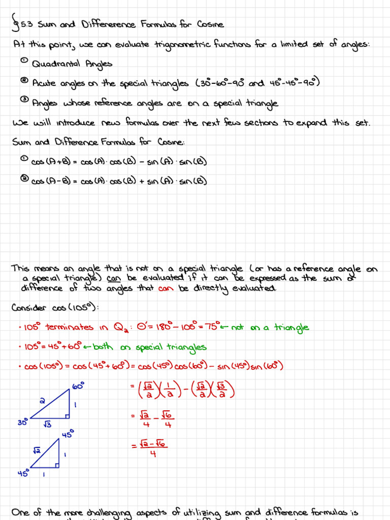 Section 5.3 Sum and Difference Formulas For Cosine | PDF ...