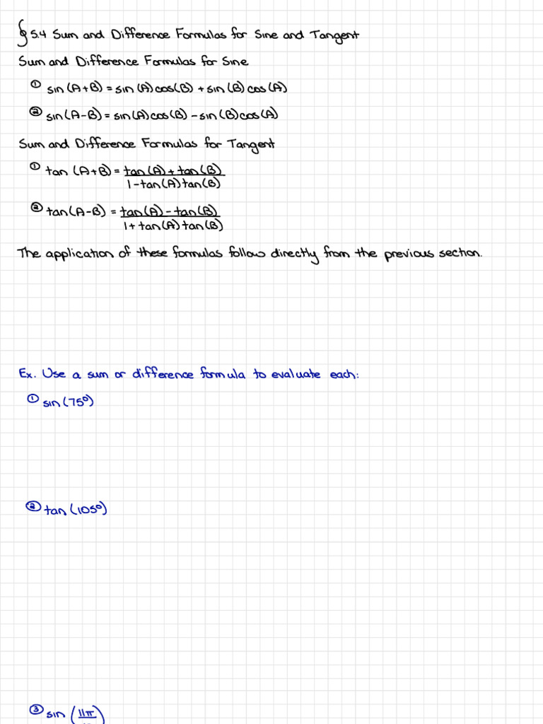 Section 5.4 Sum and Difference Formulas For Sine and Tangent | PDF ...
