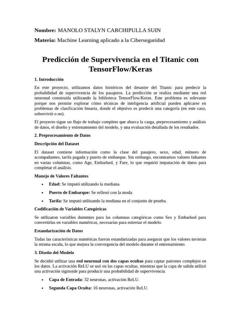Análisis de Supervivencia Del Titanic Con Una Red Neuronal en TensorFlow Keras | PDF | Red ...