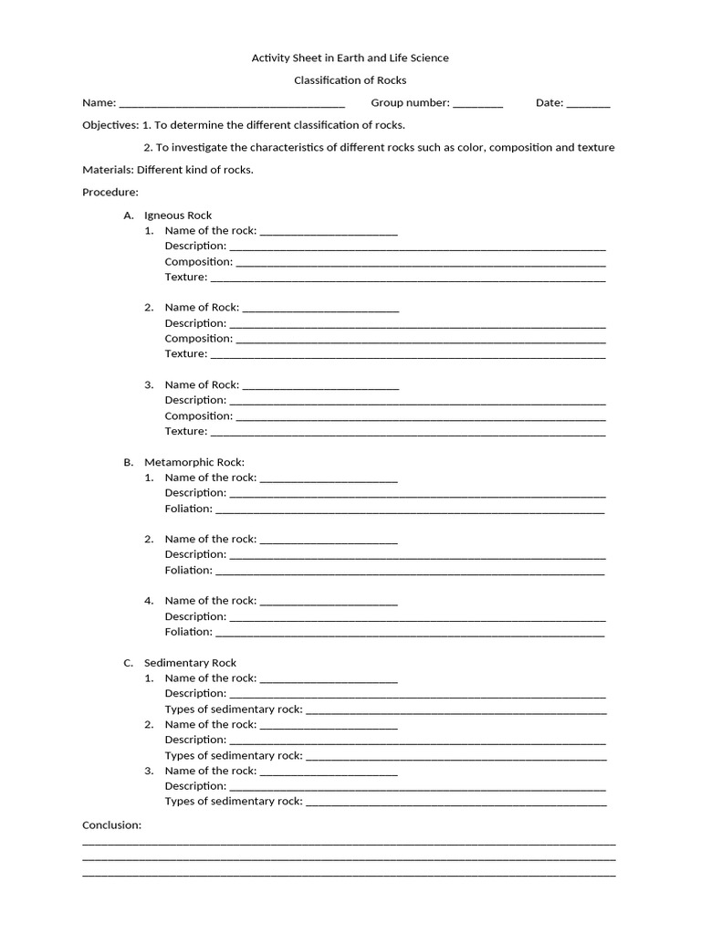 Activity Sheet in Earth and Life Science - Rocks | PDF | Rock (Geology ...