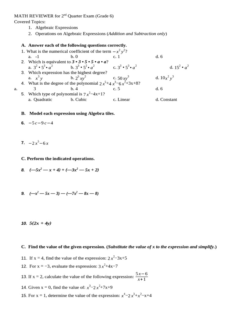MATH Reviewer GRADE 6 2nd Quarter Exam | PDF