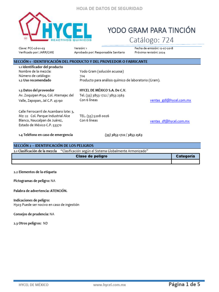 Hoja de Seguridad Yodo Gram 724 | PDF | Agua | Residuos