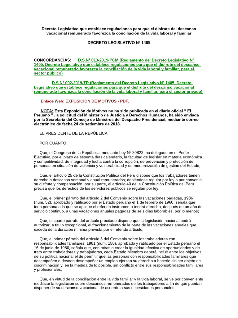 De. Leg. 1405 - Establec. Regulac. Desc. Vacacional Remunerado | PDF ...