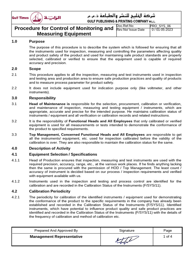 PRO_SYS_06 | PDF | Calibration | Verification And Validation