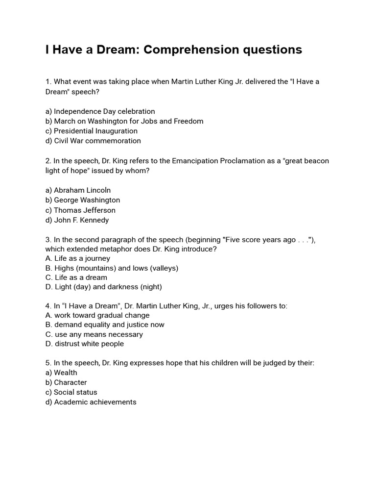 I Have a Dream Speech: Key Questions | PDF